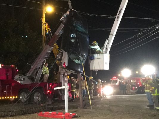Woman drives up wires, gets stuck in power lines | cbs19.tv